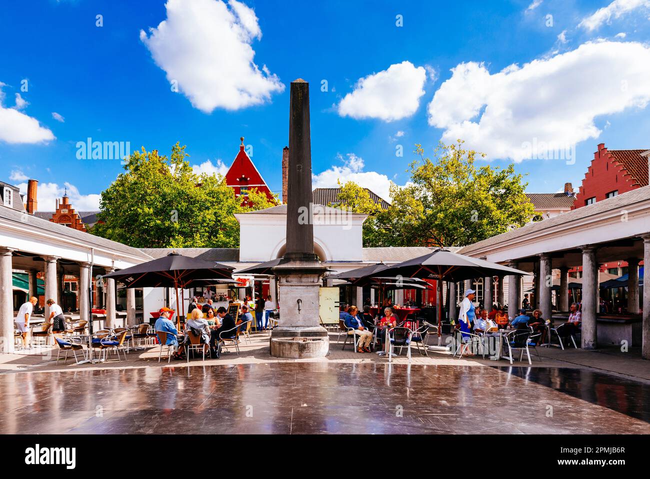 Bar terrace in the inner courtyard of the Vismarkt, Fish Market, in the ...