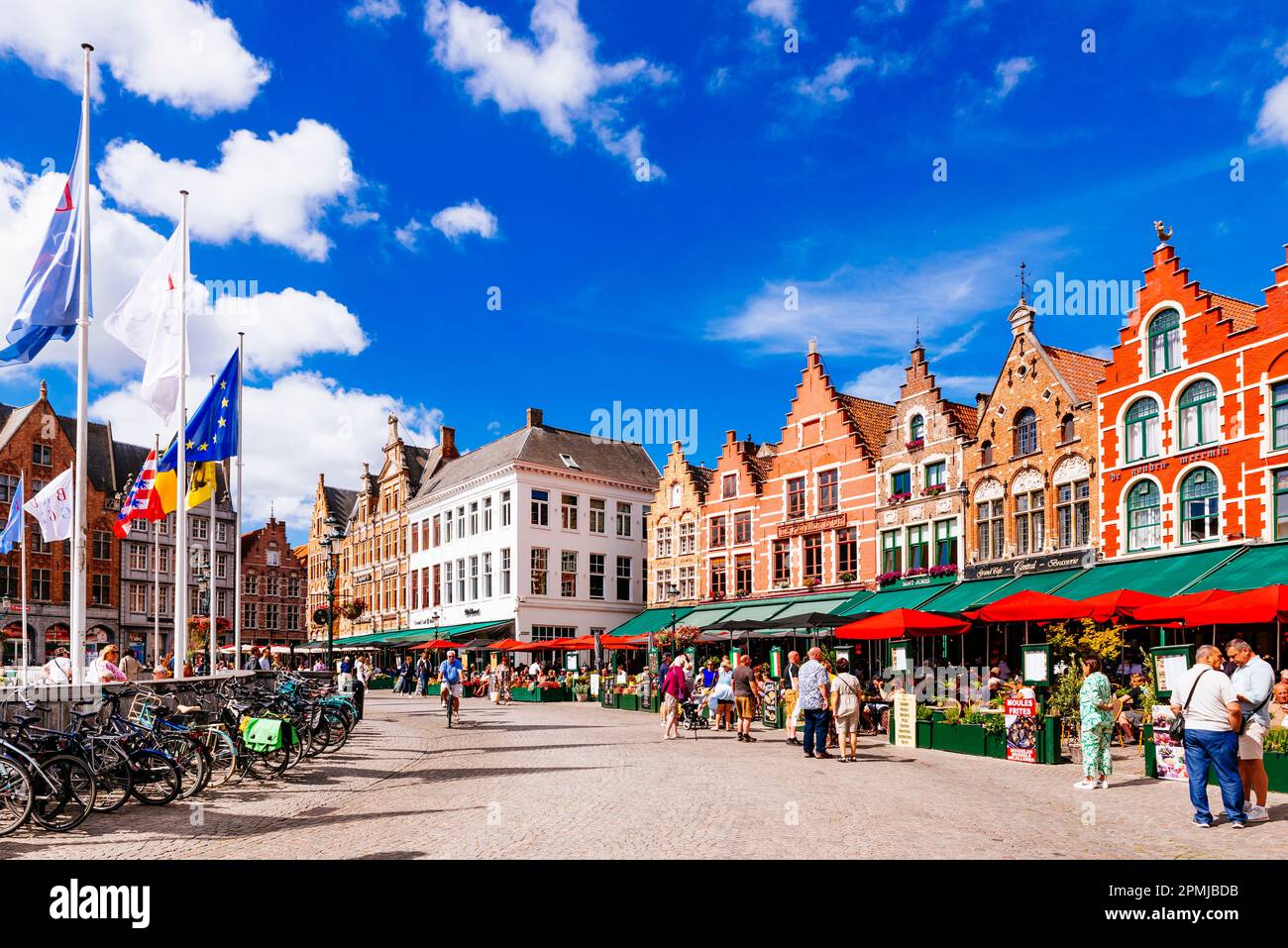 The Markt, Market Square, of Bruges. Colorful houses in the main square ...