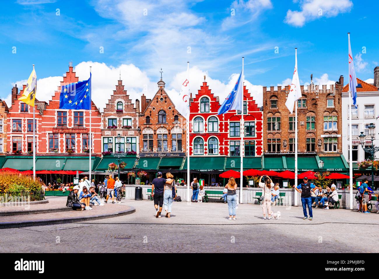 The Markt, Market Square, of Bruges. Colorful houses in the main square ...