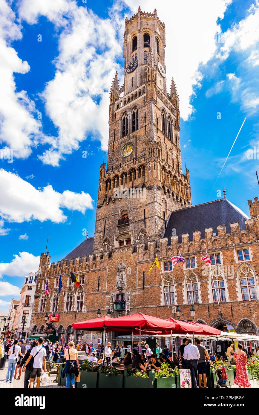 The Belfry of Bruges is a medieval bell tower in the centre of Bruges. Seen from the market ...