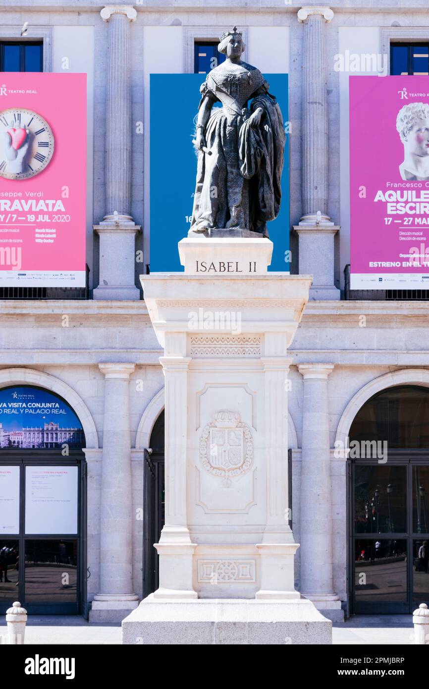 Statue of Isabel II, located in the Plaza de Ópera, in front of the ...