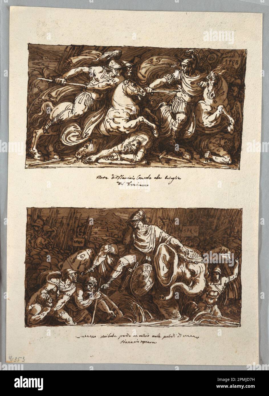 Drawing, Sketchbook Page: Death of Flaminius in the Battle of Trasimeno ...