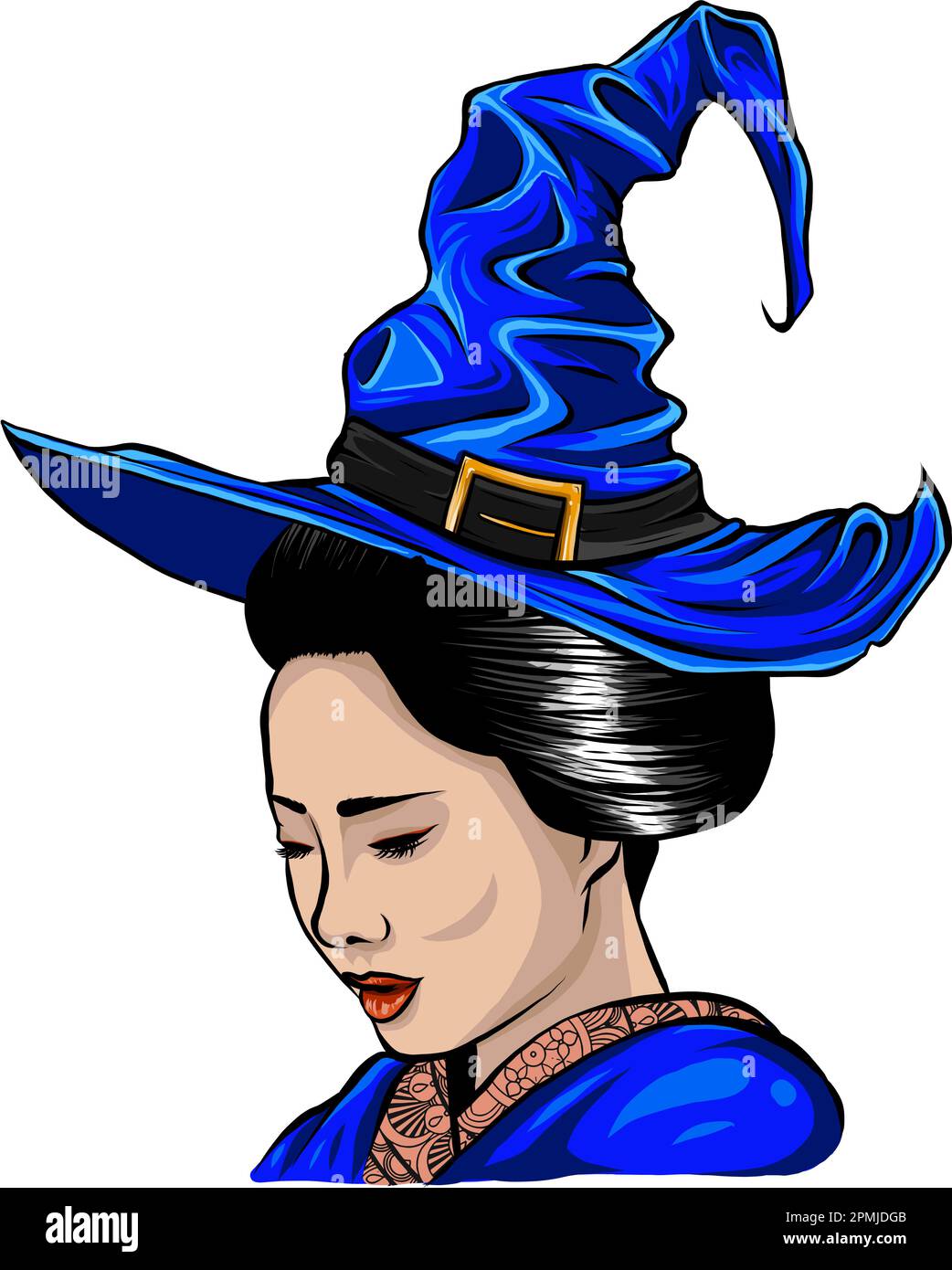 beautiful witch in a classic hat and coloured hair vector illustration ...