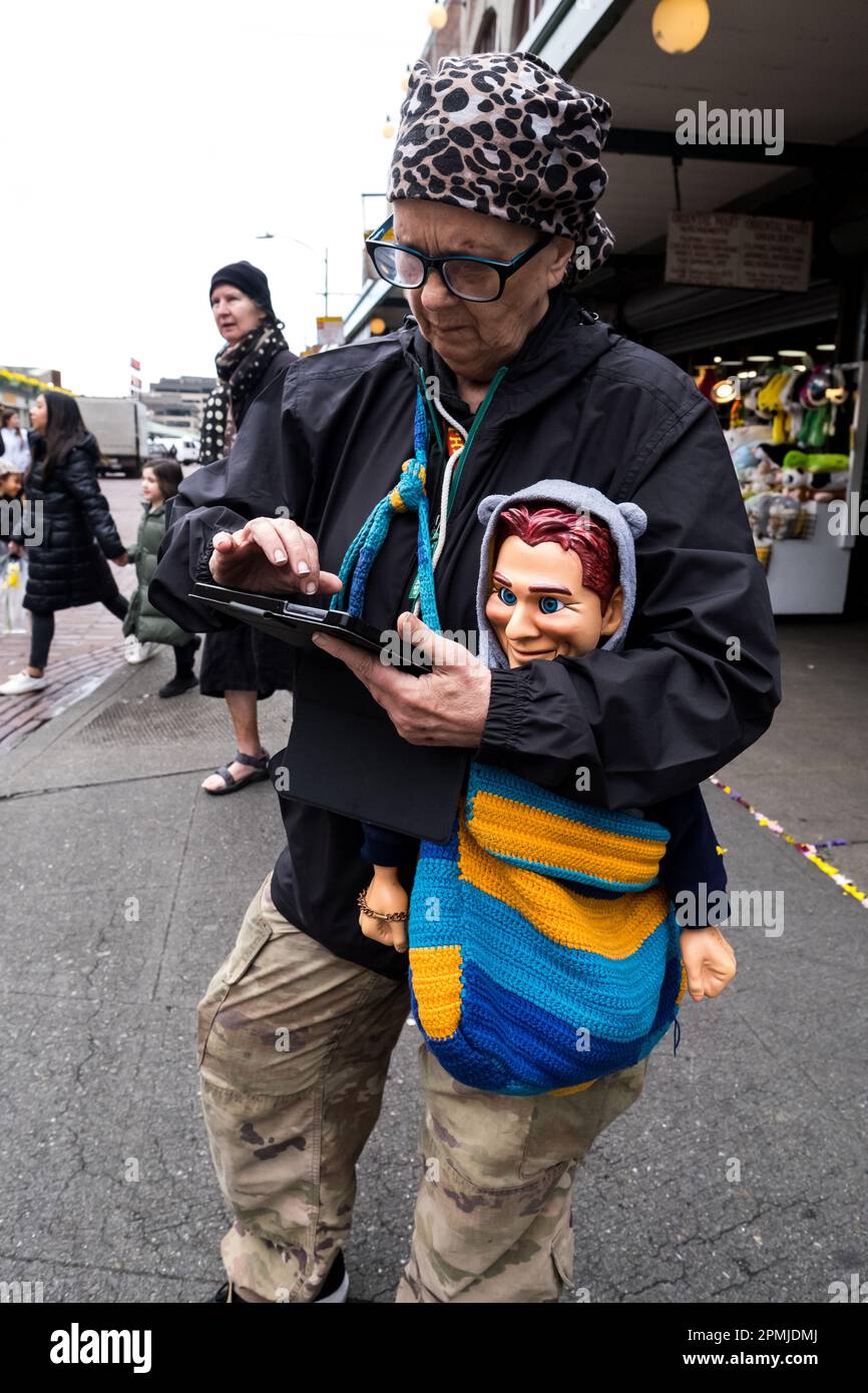 Seattle, USA. 20 Mar, 2023. A person at Pike Place Market with a Jeff ...