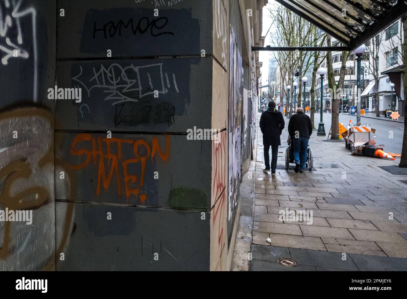 Seattle, USA. 4 Apr, 2023. Graffiti in downtown Westlake shopping ...