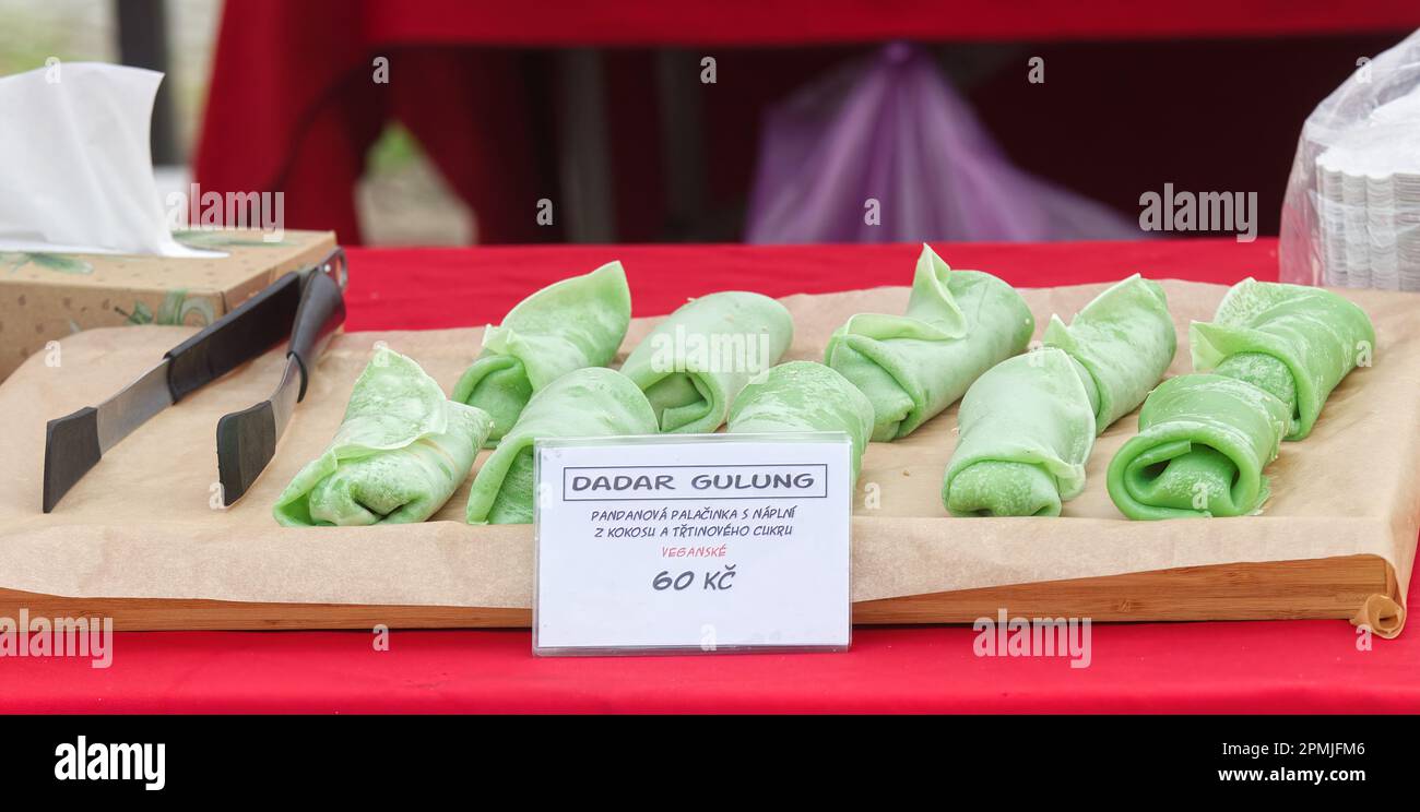 Dadar gulung, Indonesian sweet vegan dessert, pandan pancake filled ...
