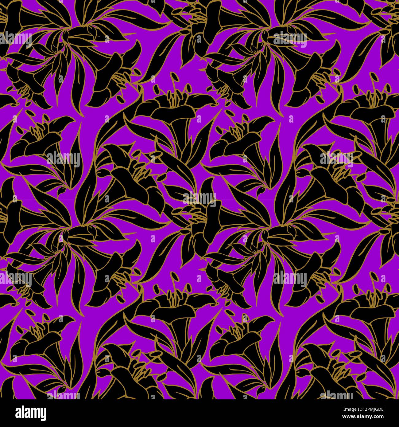 seamless pattern of large black flowers with a golden outline on a ...