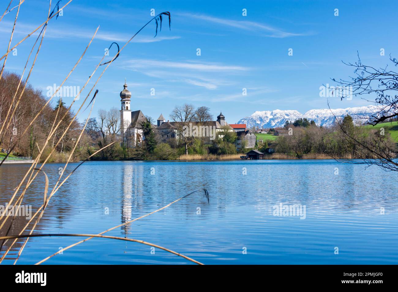 Anger: church St. Peter und Paul and former abbey Höglwörth, lake ...