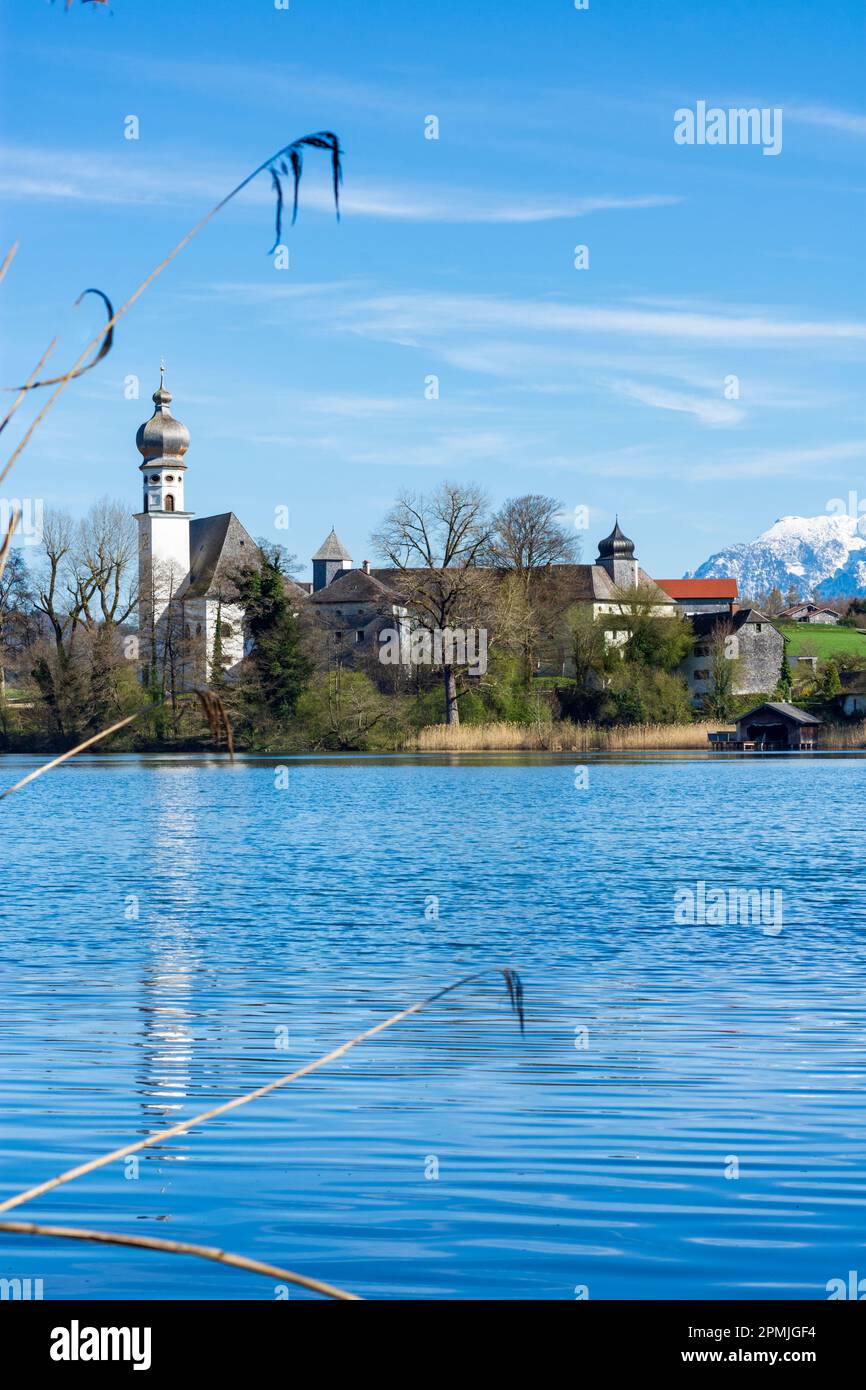 Anger: church St. Peter und Paul and former abbey Höglwörth, lake ...