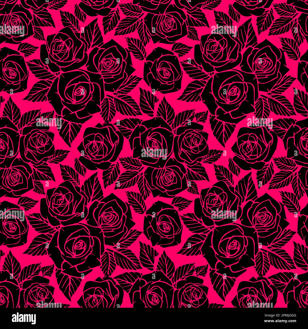 seamless black asymmetric pattern of rose contours on a pink background ...