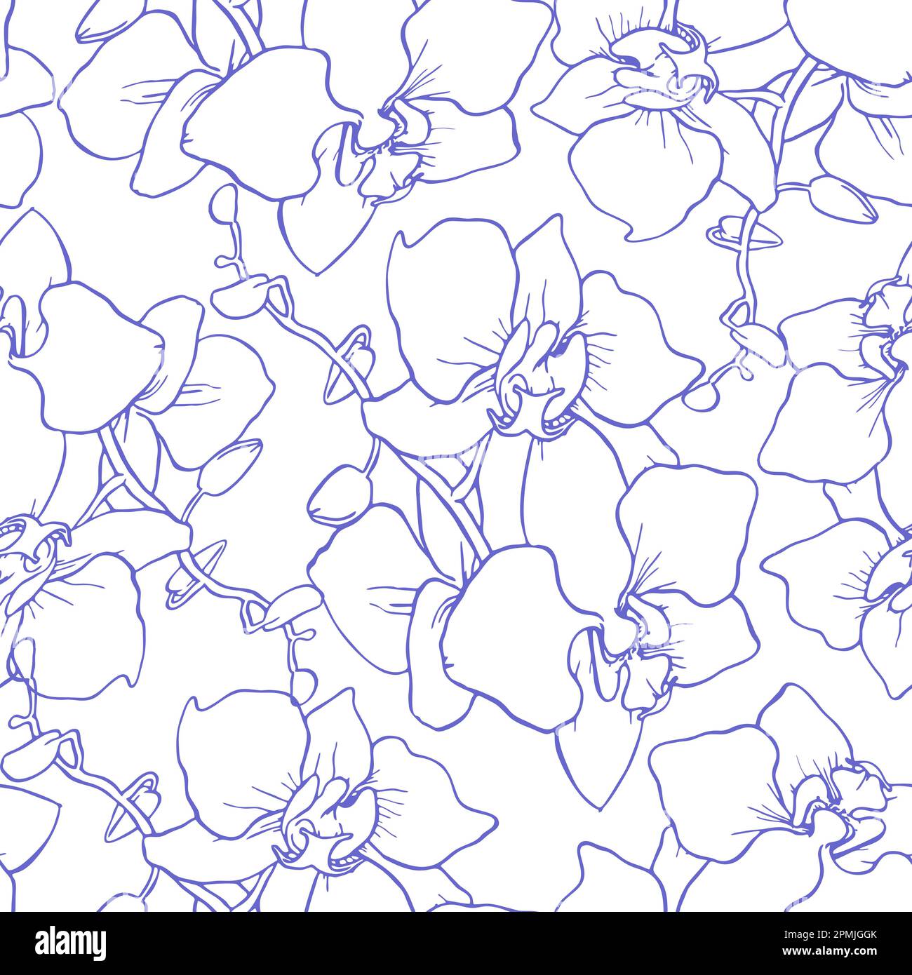 seamless pattern of large blue silhouettes of orchids on a white ...