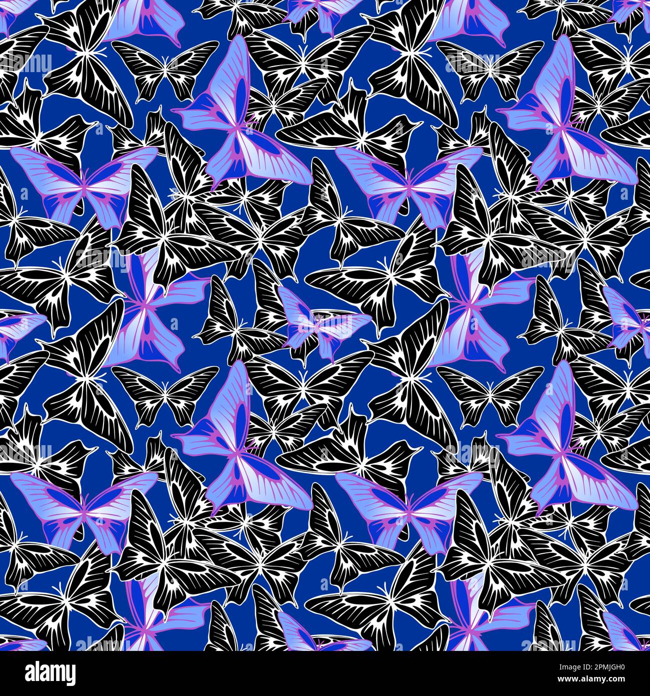 seamless pattern of purple-black butterflies on a blue background ...