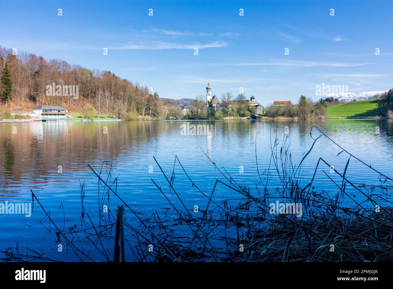 Anger: church St. Peter und Paul and former abbey Höglwörth, lake ...