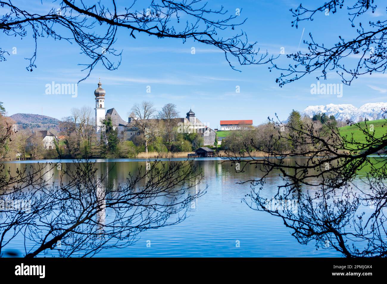 Anger: church St. Peter und Paul and former abbey Höglwörth, lake ...