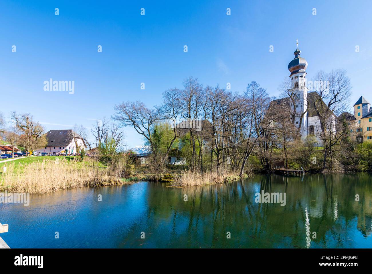 Anger: church St. Peter und Paul and former abbey Höglwörth, lake ...
