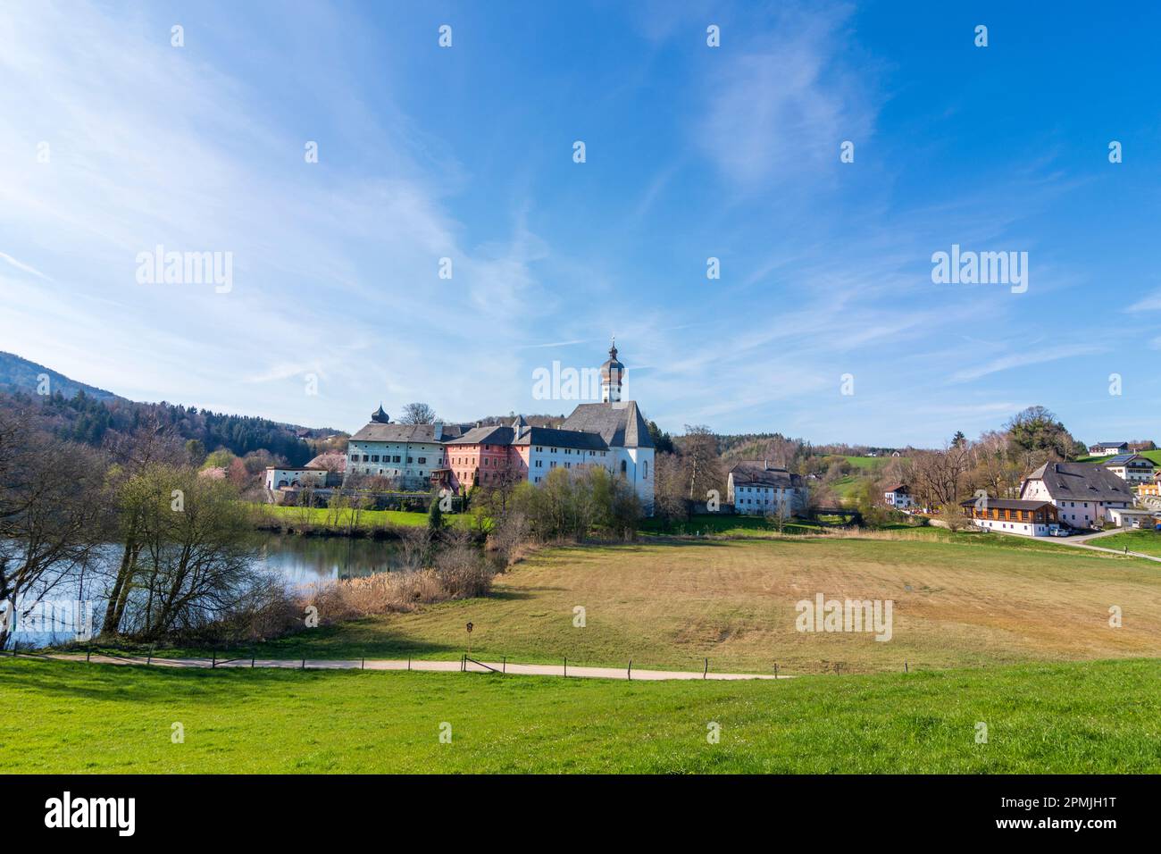Anger: church St. Peter und Paul and former abbey Höglwörth, lake ...