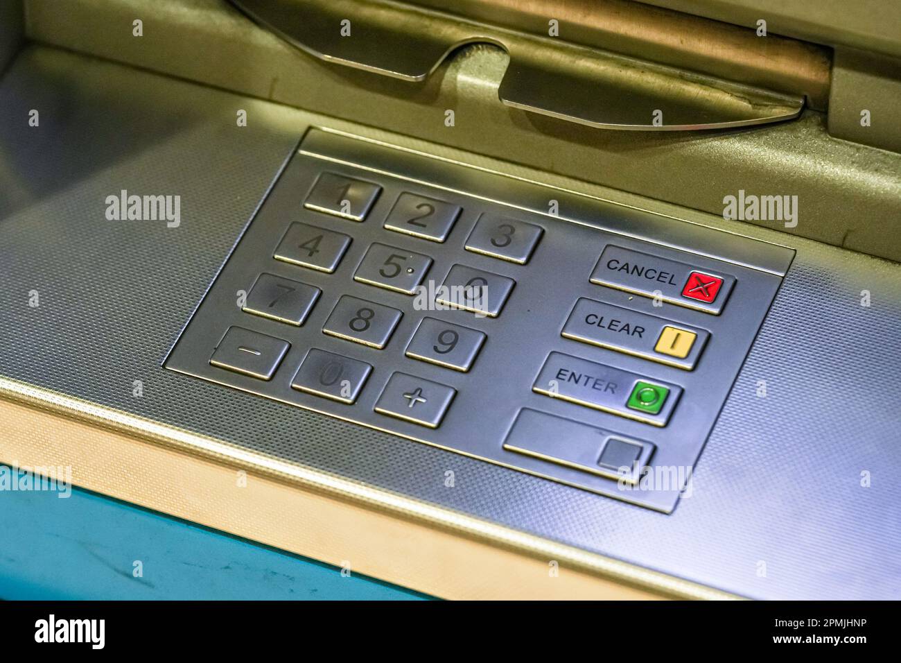 Steel ATM keypad, buttons worn out slightly, closeup detail Stock Photo ...