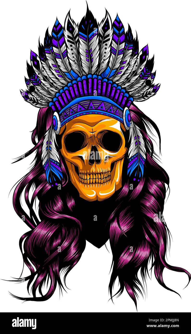 Hand Drawn Native American Indian Headdress With Human Skull. Vector ...