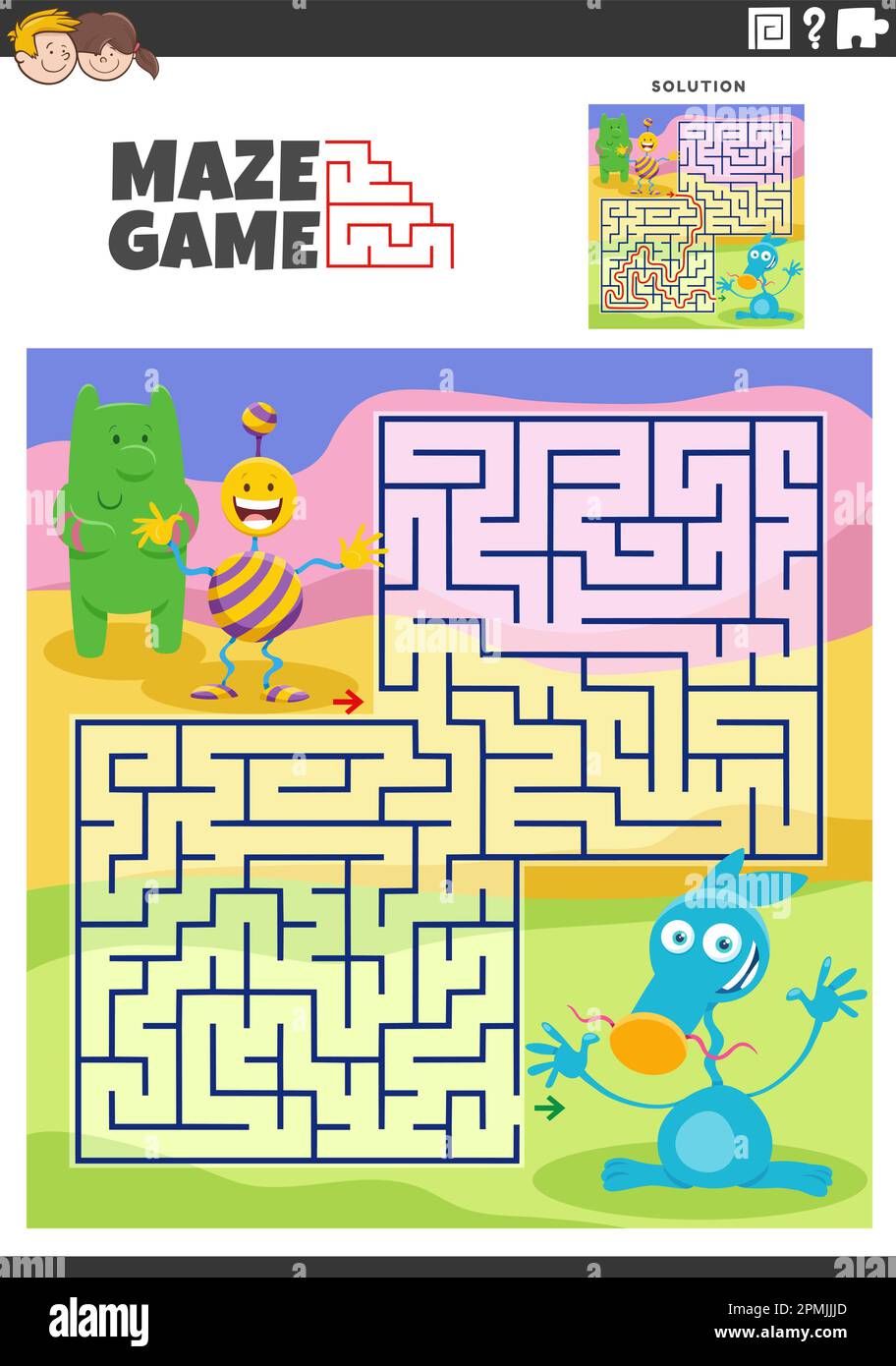 Cartoon illustration of educational maze puzzle activity for children ...