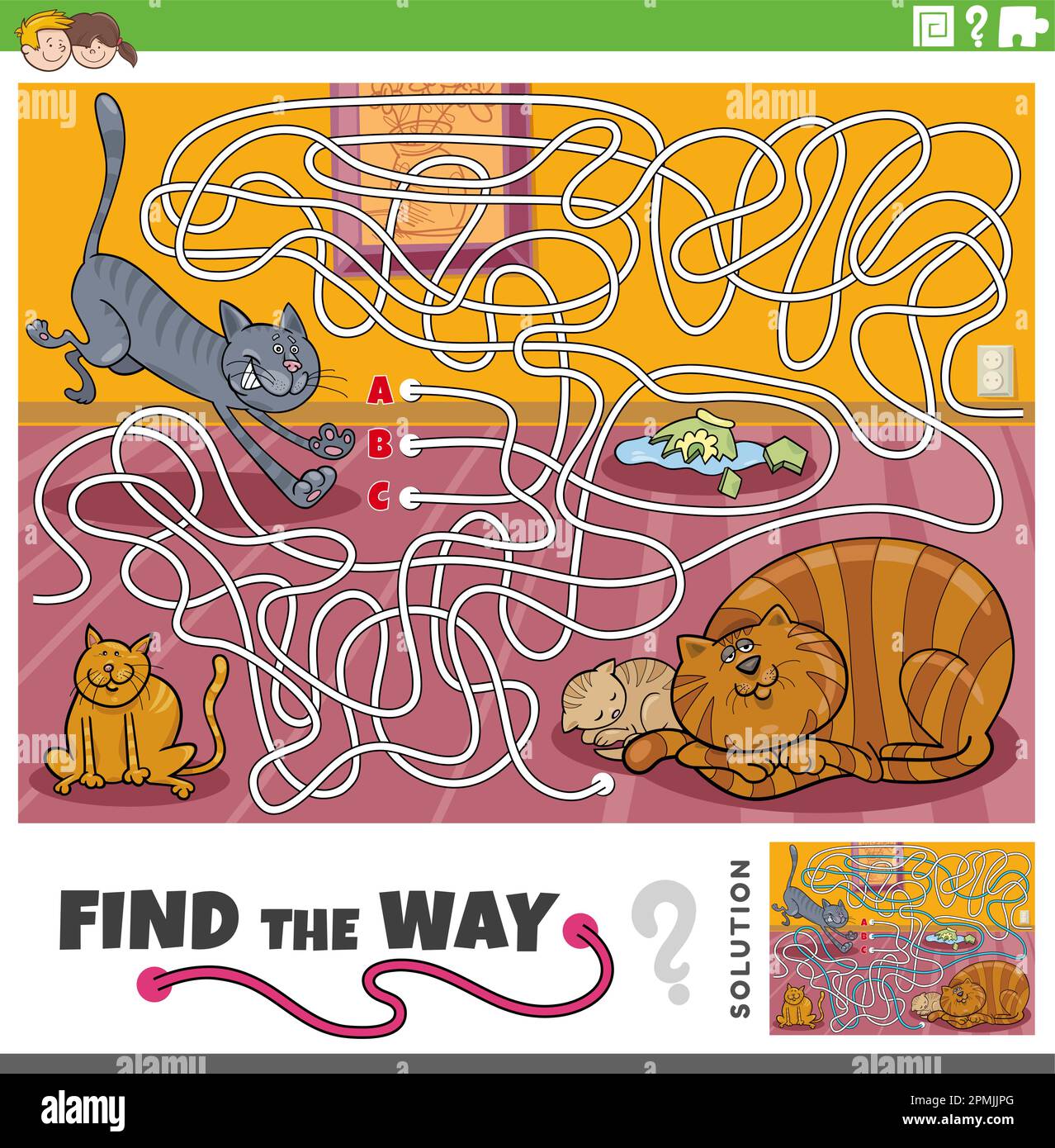 Cartoon illustration of find the way maze puzzle game with funny cats ...