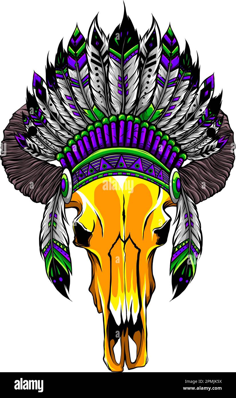 Hand drawn cow skull and feathers illustration. on white background ...