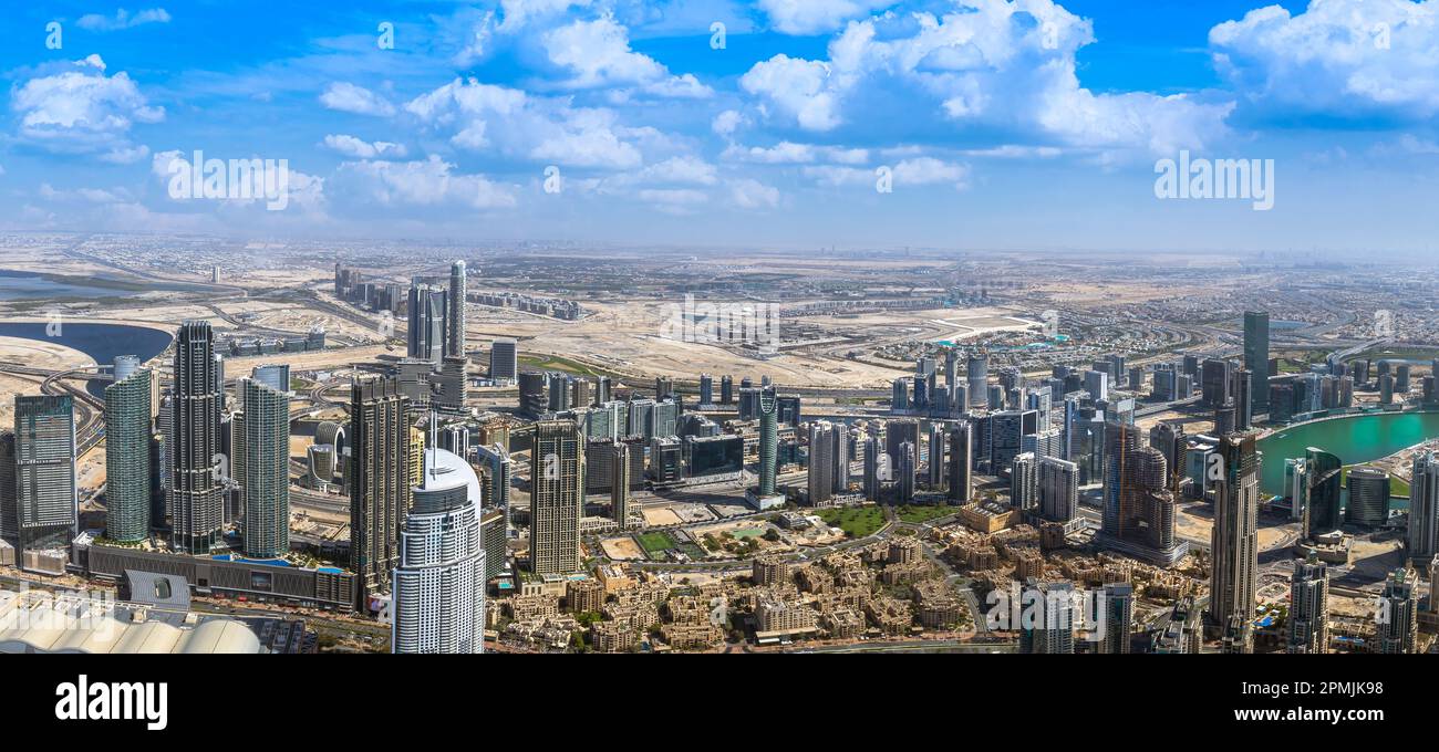 UAE, Dubai panoramic skyline view from Burj Khalifa of city downtown ...