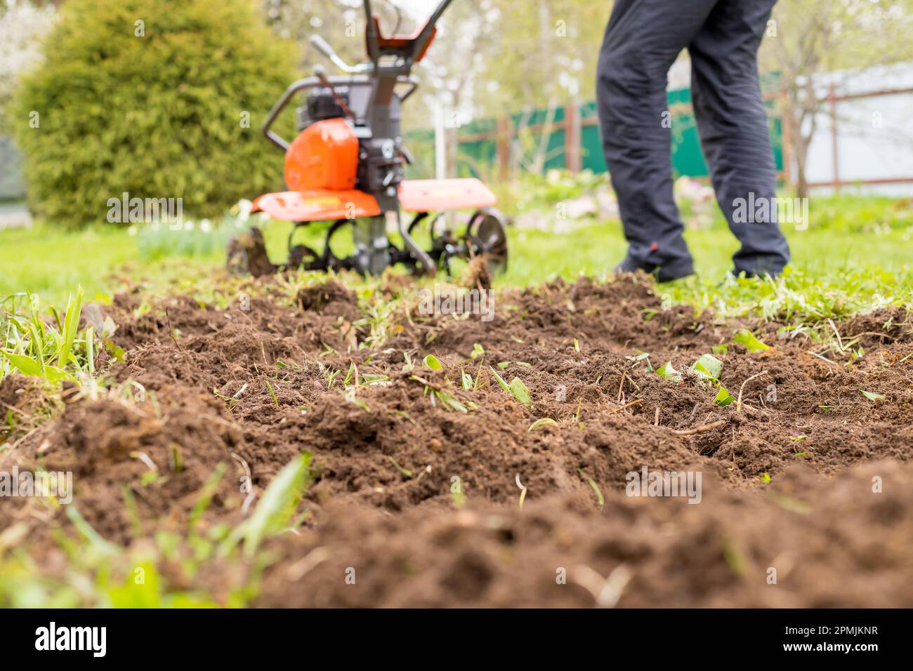 A man works the land in the garden with a cultivator, prepares the soil ...