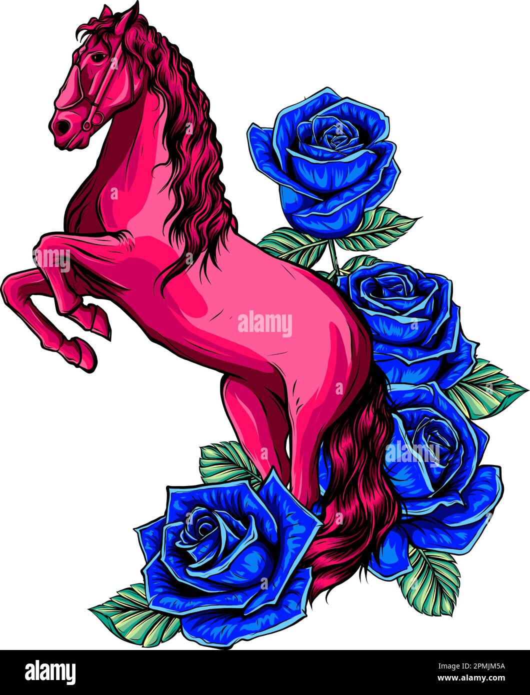 vector illustration of colored horse with roses on white background ...