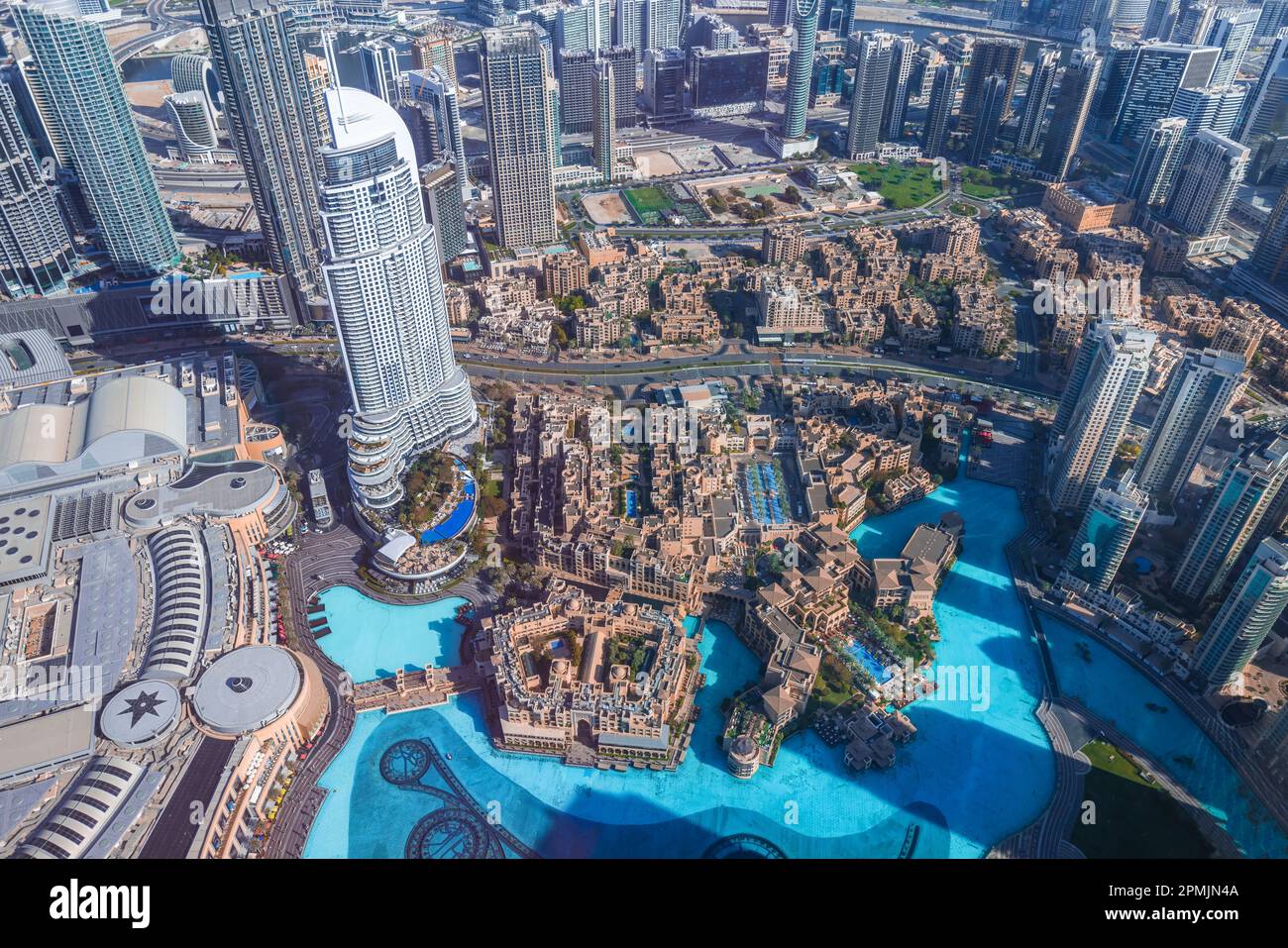 UAE, Dubai panoramic skyline view from Burj Khalifa of city downtown ...