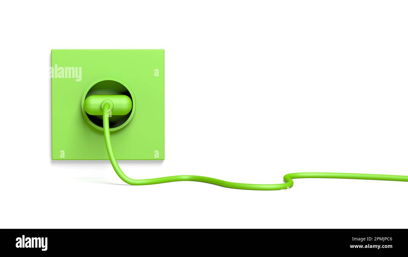 Green plug and socket isolated on white background. Green energy. 3d ...