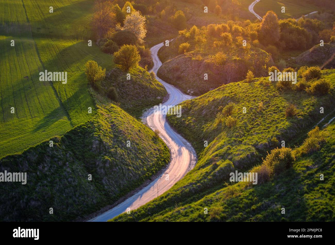 Beautiful spring landscape among green hills. Charming winding road ...