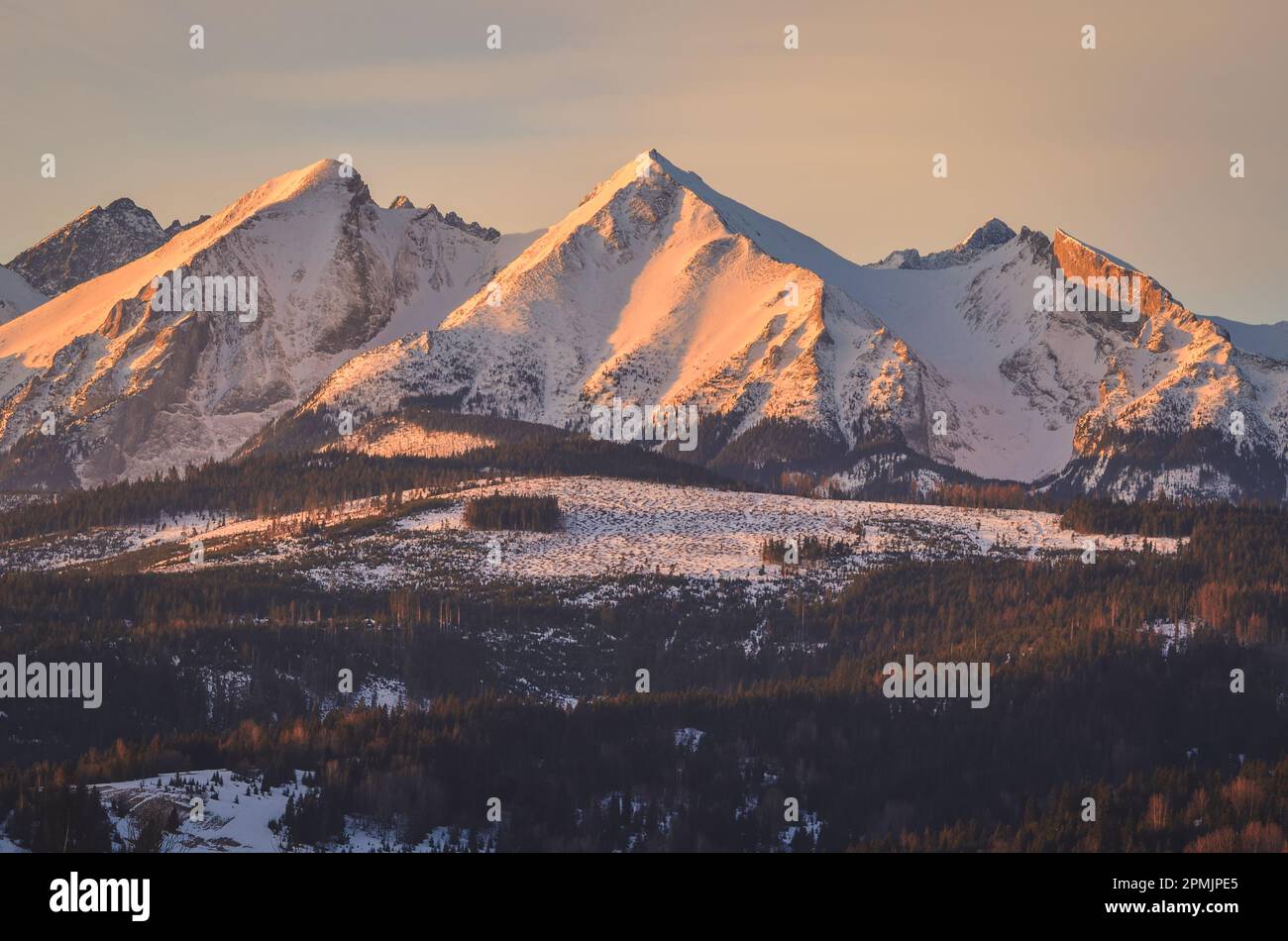 Charming panorama of the Polish Tatra Mountains in the morning. View of ...