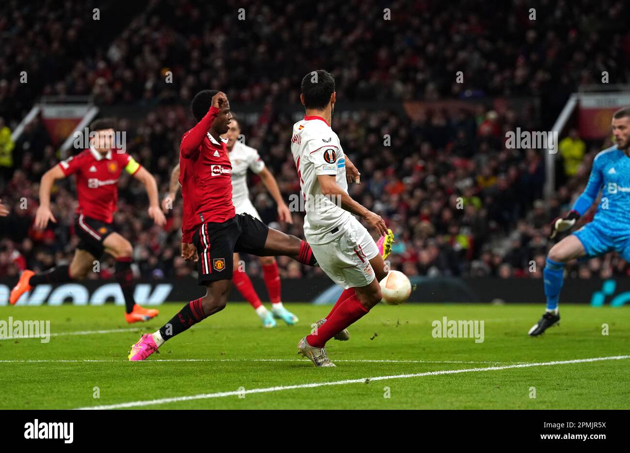 Manchester United's Tyrell Malacia scores an own goal, Sevilla's first ...