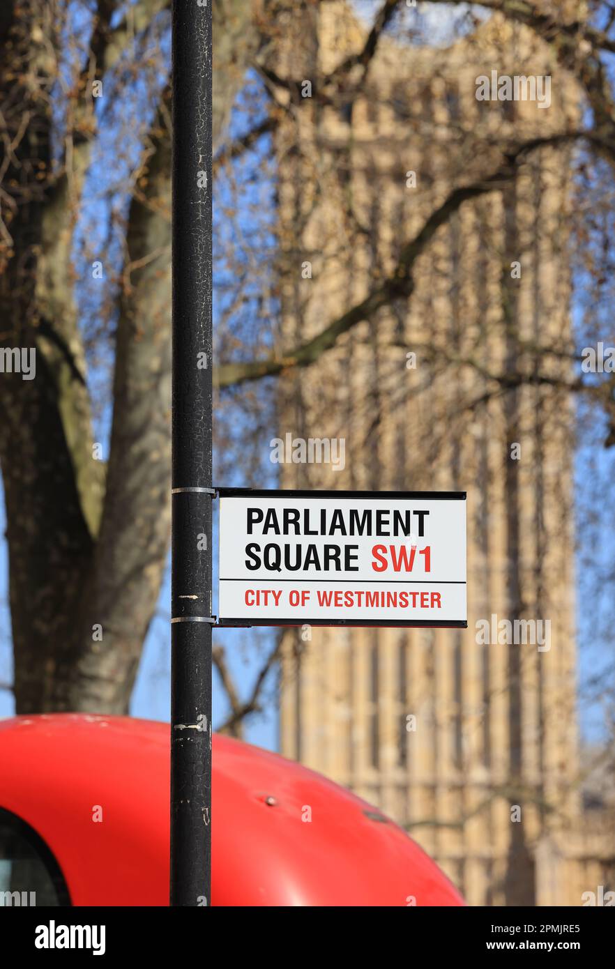 Sign for Parliament Square SW1, City of Westminster, at the heart of ...