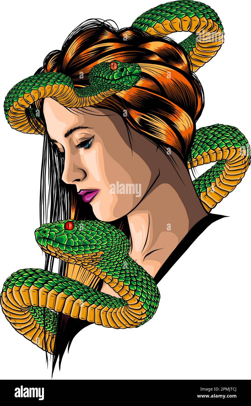 vector illustration of head woman with snake on white background Stock ...