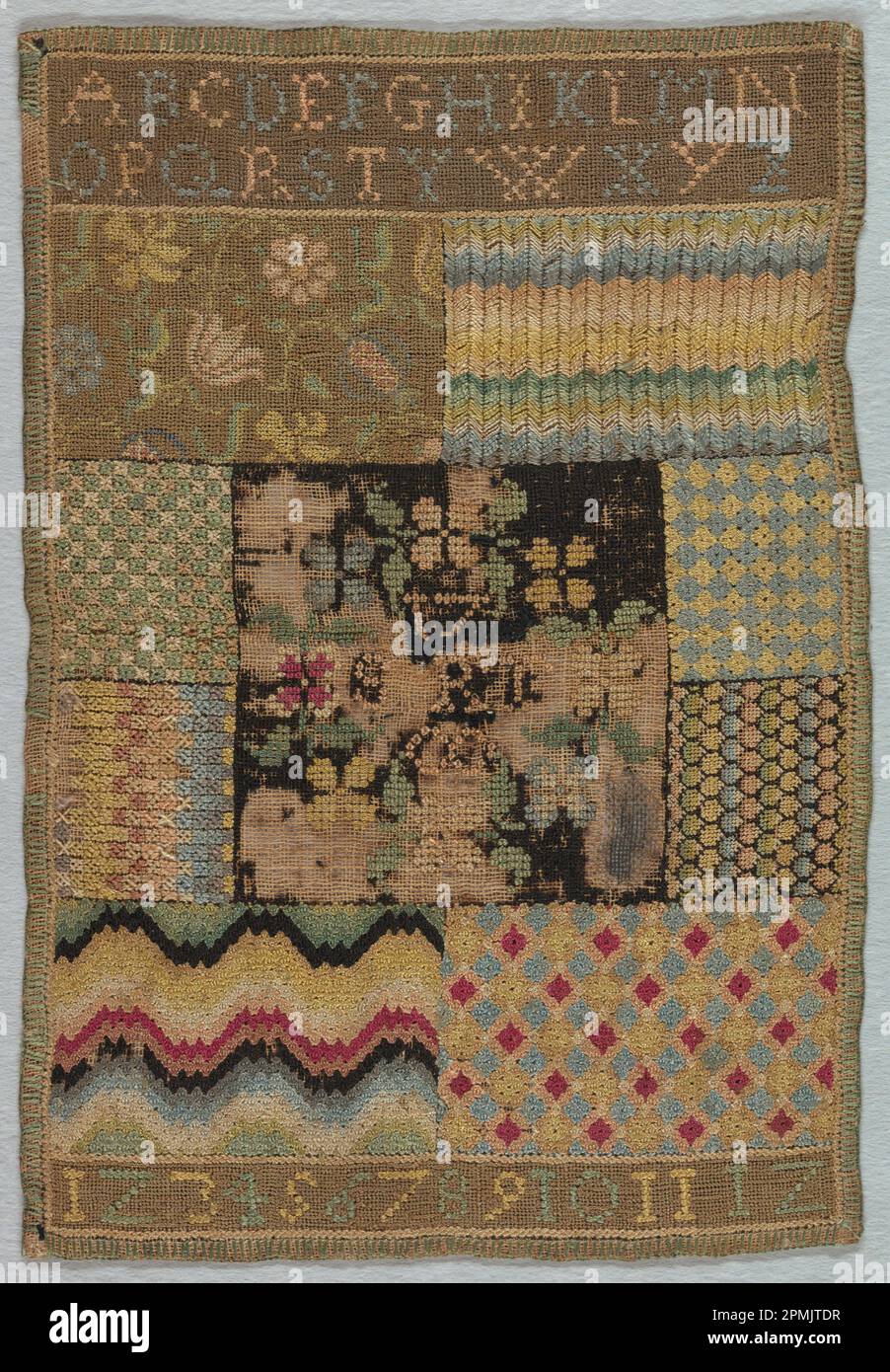 Sampler (Germany); silk embroidery, linen foundation; Warp x Weft: 35 x ...