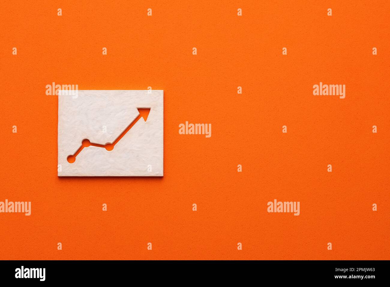 white statistics arrow up on orange color background - flat symbol for ...