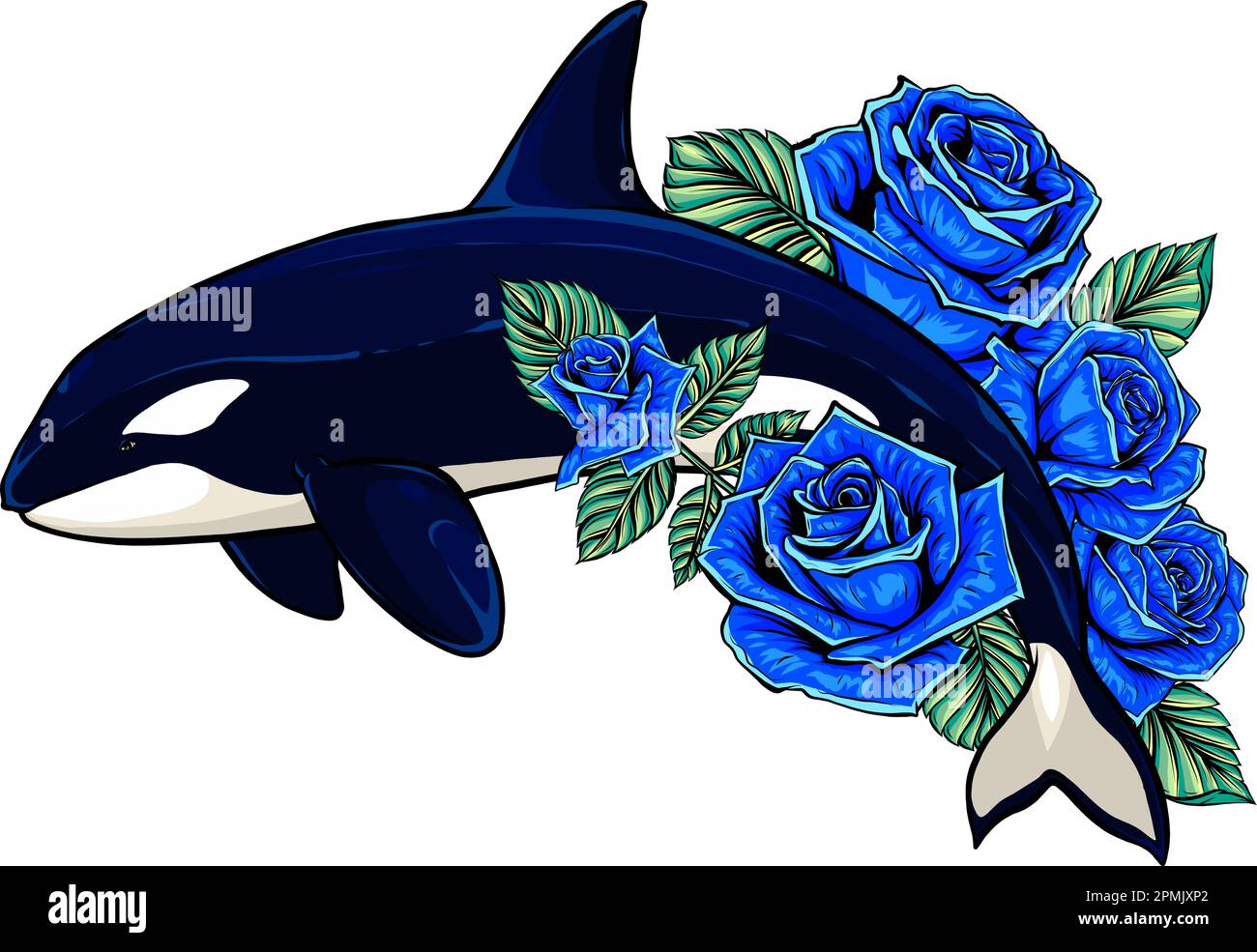 vector illustration of Killer whale with flower on white background ...