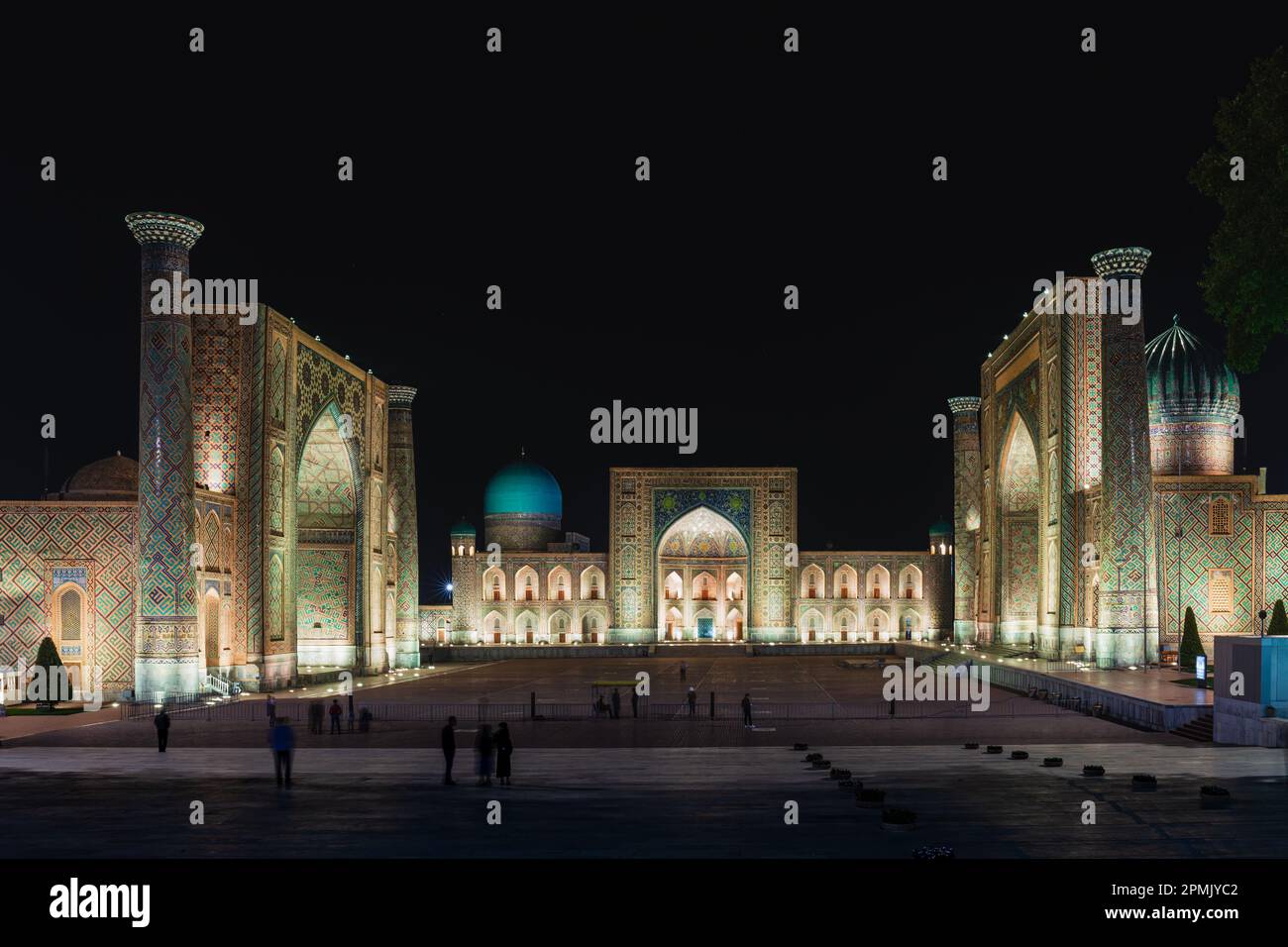 Night panorama with beautiful backlights of Registan square in the ...