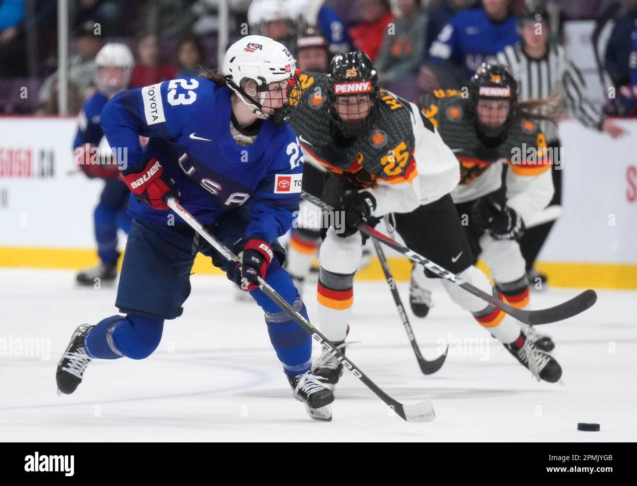 Brampton, Canada. 13th Apr, 2023. USA forward Hannah Bilka (23) breaks ...