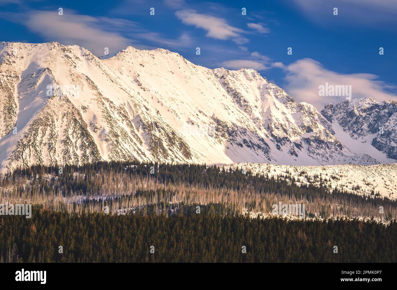 Beautiful early spring mountain landscape. View of the snow-white peaks ...