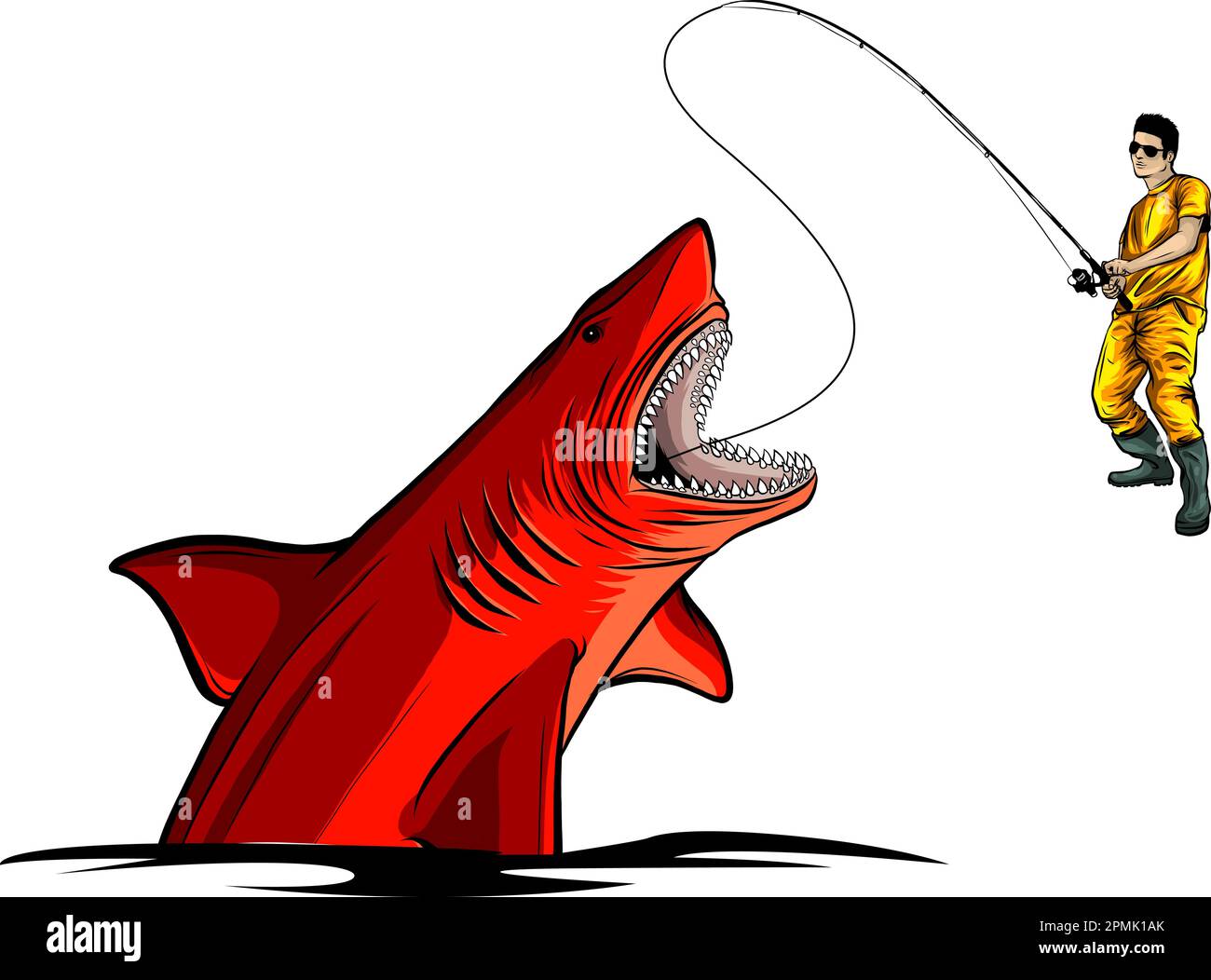 vector illustration of Fishing on sharks, fisherman pulls a big fish ...