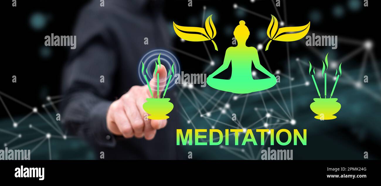 Man touching a meditation concept on a touch screen with his finger ...