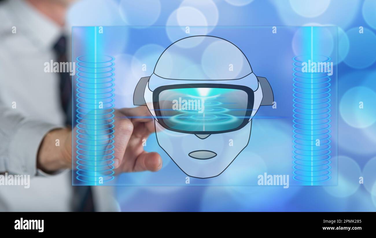 Man touching a virtual reality concept on a touch screen with his ...