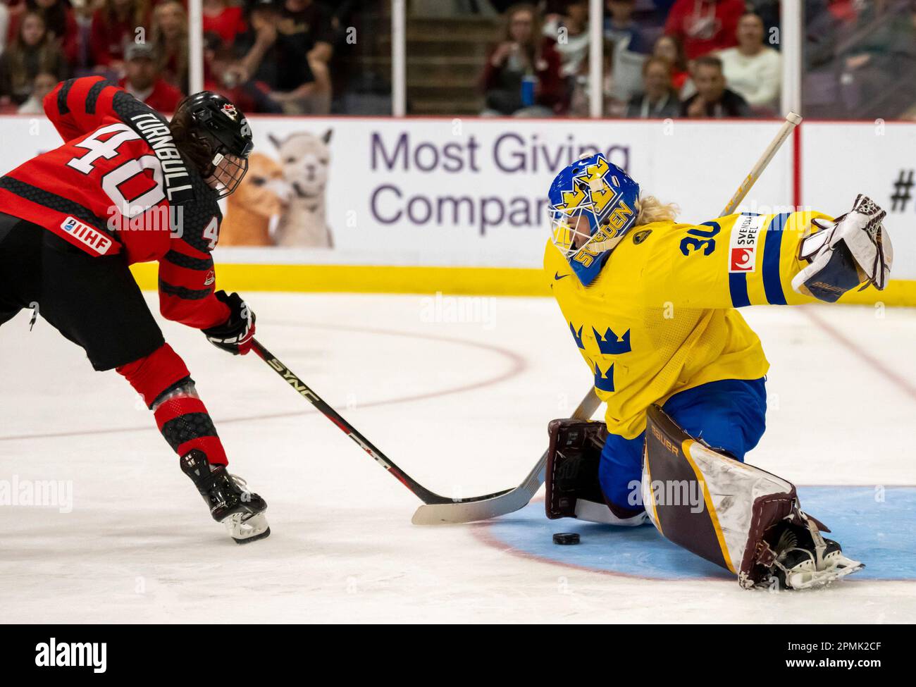 Canada forward Blayre Turnbull (40) scores against Sweden goaltender ...