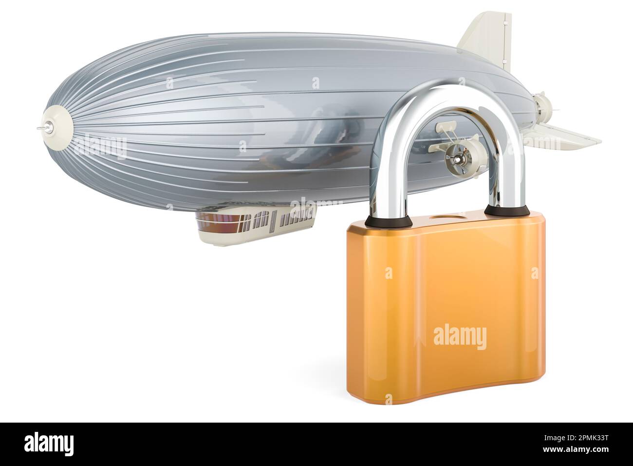 Airship or dirigible balloon with padlock, 3D rendering isolated on ...