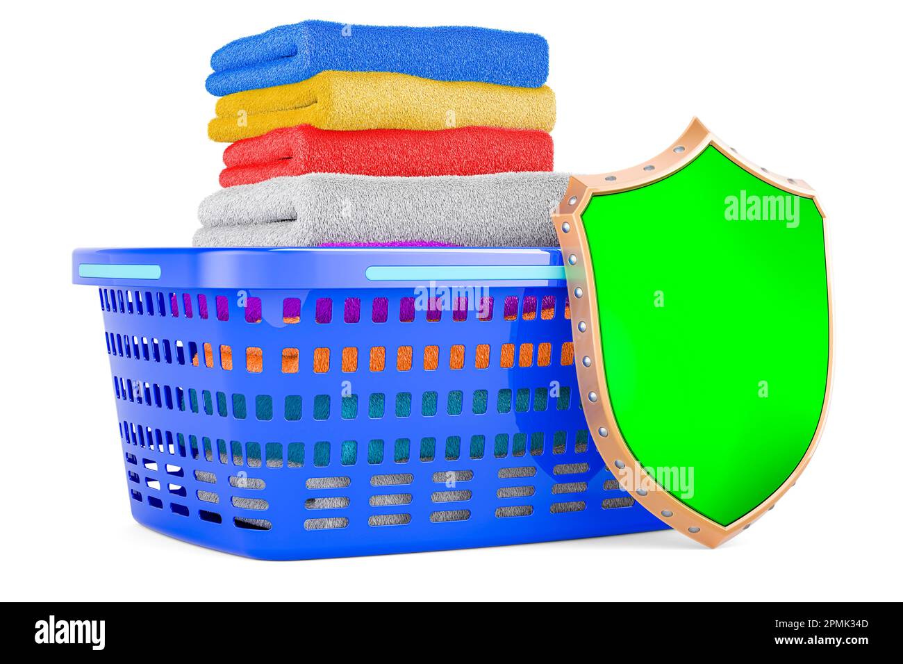 Laundry basket full of clean clothes with shield, 3D rendering isolated ...