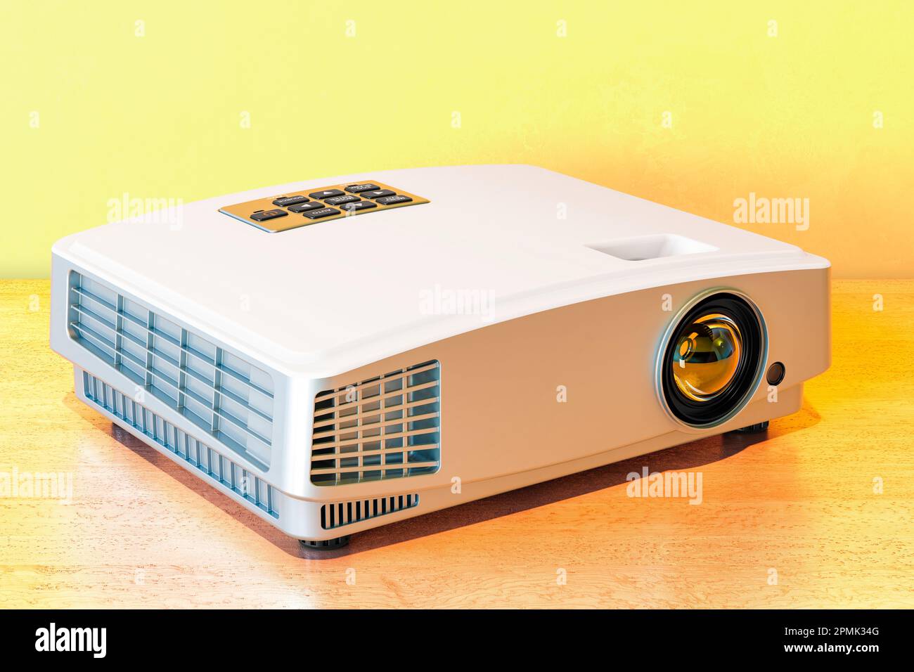 Projector on the wooden table. 3D rendering Stock Photo - Alamy