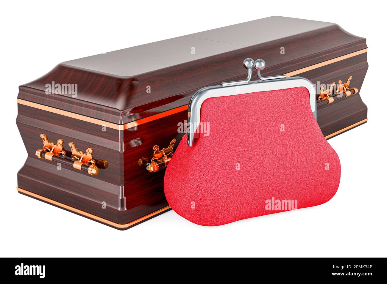 Wooden coffin with purse coin, 3D rendering isolated on white ...