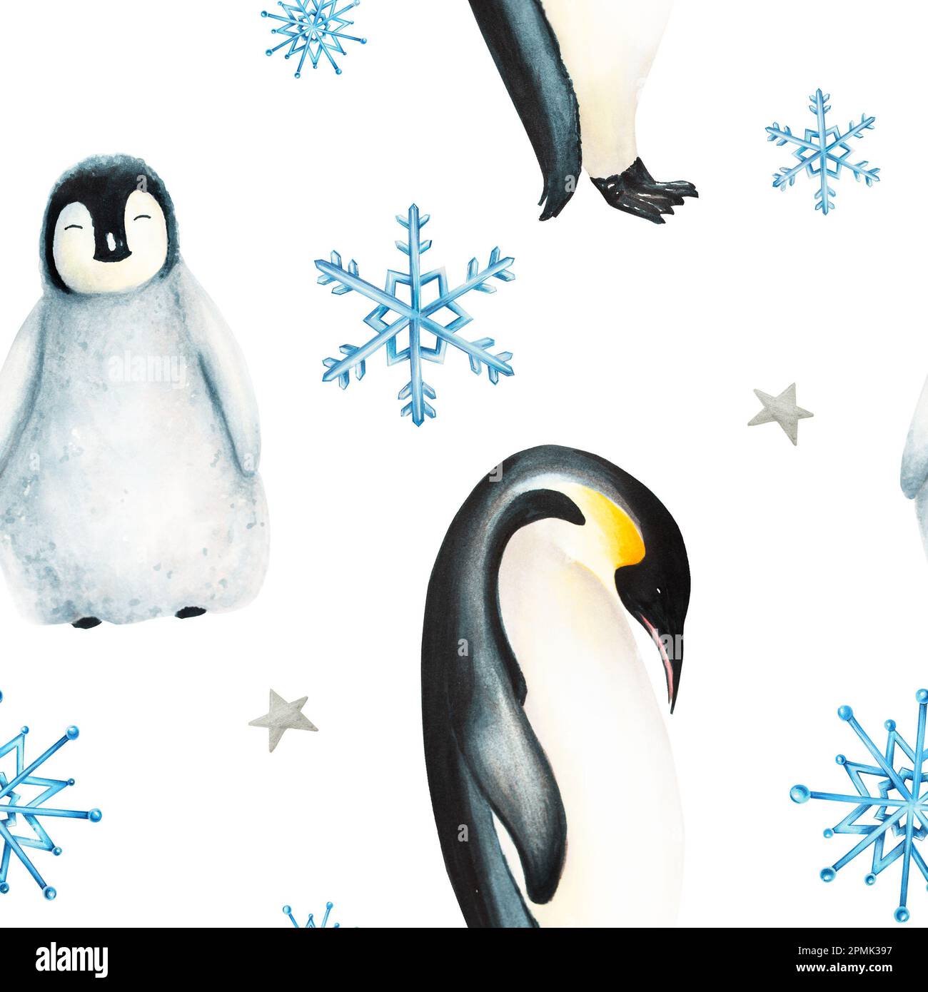 Watercolor winter seamless pattern illustration of a king penguin under ...